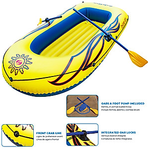 Solstice Inflatable Boat Rafts 3 Person for Adults & Kids Comes W/ Oars Paddles-Pump Pole Oar Holders Cushioned Comfortable Base Grab Line 8 Ft Size Sunskiff Kits Dinghy Air Floor Yellow