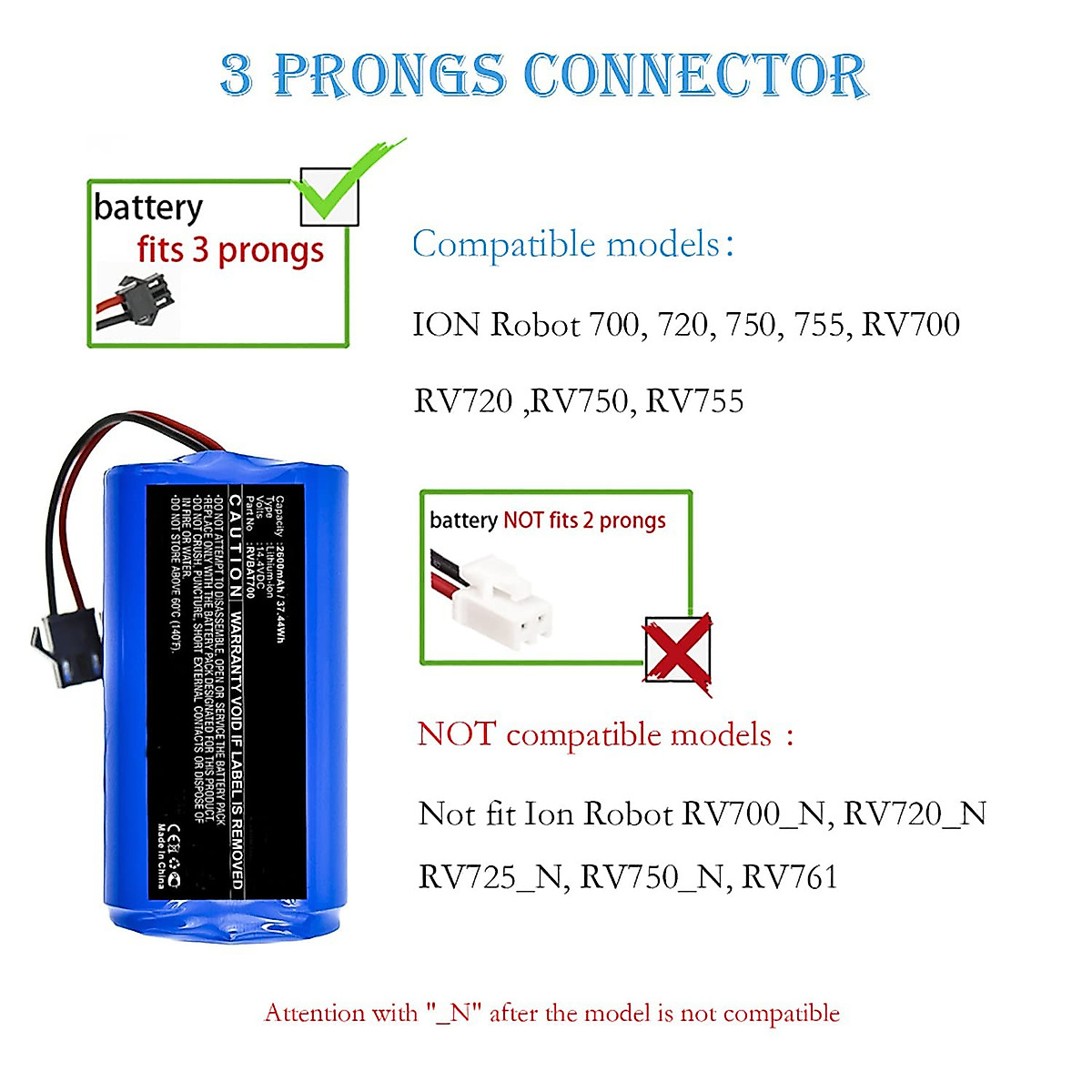 SCESMIA (3 Prong Plug) Replacement Battery for RVBAT700 RV750 RV720 RV700 ION Robot 720 750 755 Series Vacuum Cleaners 2600mAh