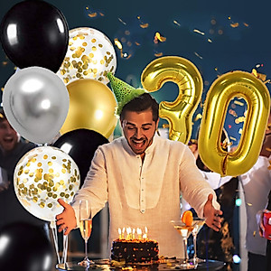 BRT Bearingshui Black and Gold 30th Birthday Party Decorations for Him Her, Happy Birthday Banner, Number 30 Foil Balloon, Black and Gold Birthday Decorations Supplies