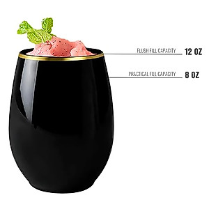 Smarty Had A Party Black Stemless Plastic Wine Glasses With Gold Rim Design (12 Oz.) - Pack Of 16 - Disposable & Chic, Perfect For Parties, Weddings, Events, Gatherings, & More