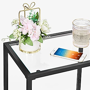HOMSHO Side Tables Set of 2, End Tables with Tempered Glass, 2-Tier Nightstands with Storage Shelves, Slim Sofa Table for Living Room, Bedroom (2, Black)