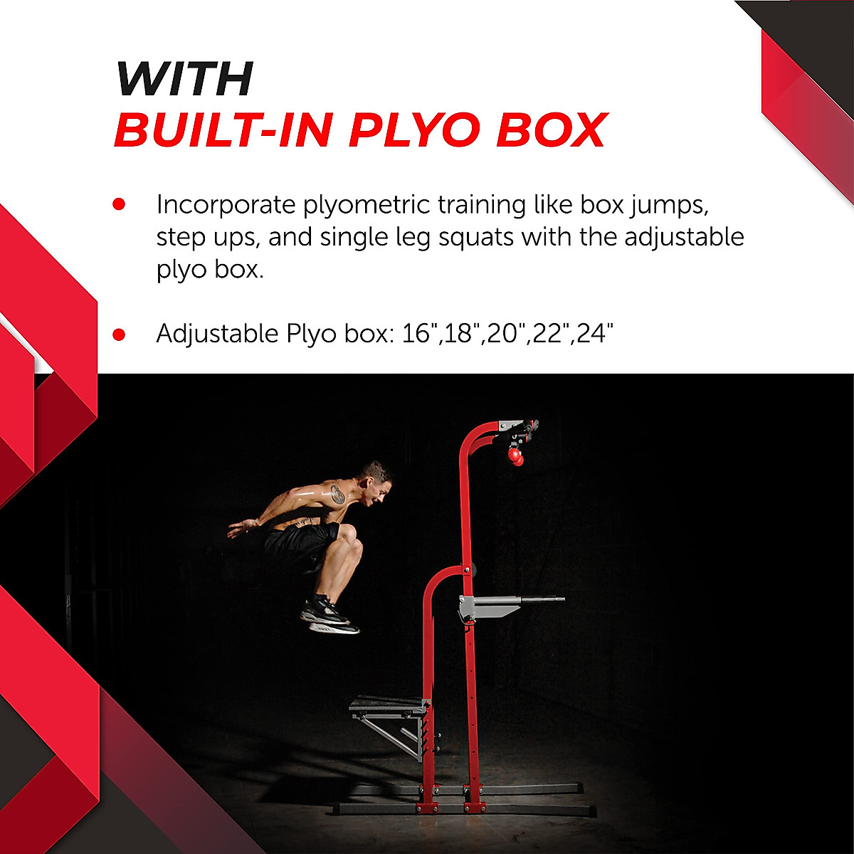 Stamina X Fortress Power Tower with Plyo Box - Dip Bar Pull Up Bar Station with Smart Workout App - Dip Bars for Home Workout - Up to 250 lbs Weight Capacity - Red