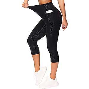 THE GYM PEOPLE Tummy Control Workout Capris Leggings with Pockets High Waist Athletic Yoga Pants for Women Running Hiking Silver/Black