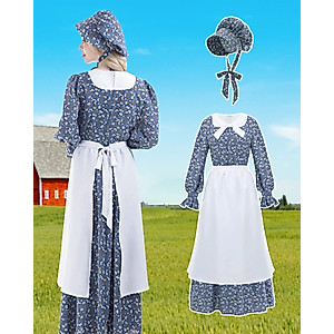 NSPSTT Women's Colonial 1800s Prairie Pioneer Costumes Dress, Blue, Large
