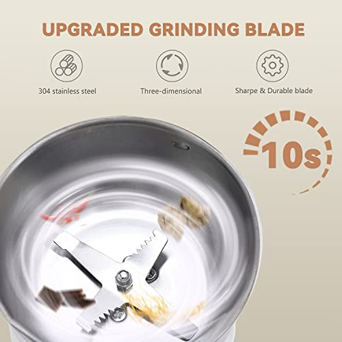 Moongiantgo Mini Spice Coffee Grinder Electric 10s Fast Grinding Multifunction Smash Machine Dry Grain Mill Grinder for Spices Seeds Rice Beans Seasonings (Silver, 110V)