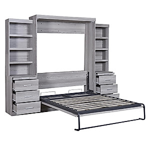 GLORHOME Space-Saving Full Size Murphy Bed with Gray Finish, Storage Shelves, and Drawers