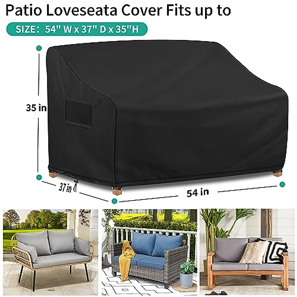 HENAYUK Waterproof Outdoor Sofa Cover, Heavy Duty 2 Seater Outdoor Loveseat Cover, 600D Windproof Patio Sofa Cover with Air Vent and Handles, 54W x 37D x 35H Inches, Black