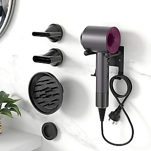 Hair Dryer Holder for Supersonic, with 4 Magnet Ring for Attachments Accessory Storage, with Wire Organization, Non-Slip Eva Protector, Black, Wall Mounted, Adhesive/Drilling