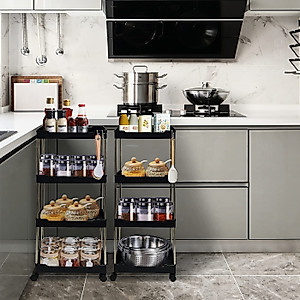 OHAHALICO 2 Pack 4 Tier Storage Cart, Bathroom Rolling Utility Cart Storage Organizer Slide Out Cart, Mobile Shelving Unit Organizer Trolley for Office Bathroom Kitchen Laundry Room, Black