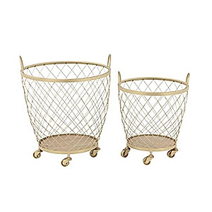 Set Of 2 Modern Diamond-weave Round Iron Baskets With Wheels Gold