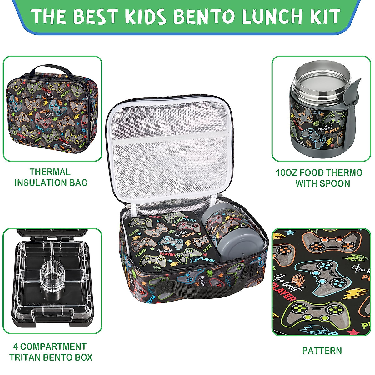 Pawtong Bento Lunch Box Set With 10oz Soup Thermo, Leak-proof Lunch Containers with 4 Compartment, Kids Hot Thermo Food Jar/Insulation Lunch Bag, Food Containers for School (Black-Games)