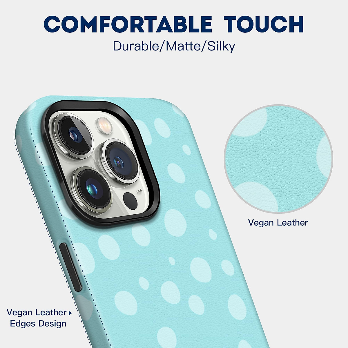 kingflag Vegan Leather Magnetic Case for iPhone 15 Pro Max Wireless Charging, Metal Buttons, Shockproof Protective Phone Case Cover for Women Men 6.7" (Teal with White Dots)