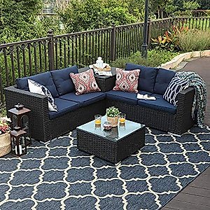 PHI VILLA 4 Piece Patio Sectional Furniture Outdoor Sofa Set with Cushion Box Storage - Navy Blue