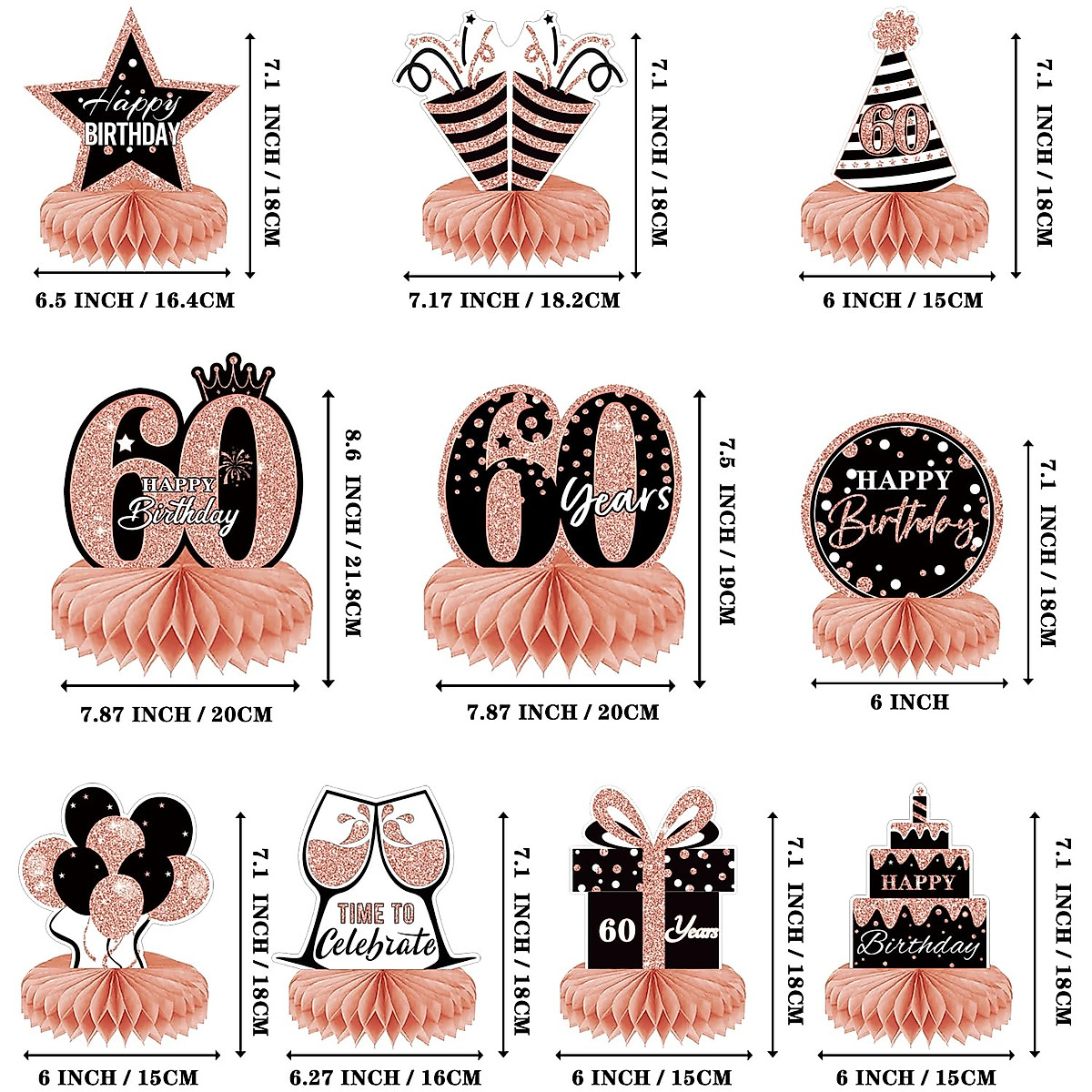 10 PCS Rose Gold 60th Birthday Decoration，60th Birthday Centerpieces for Tables， Happy 60th Honeycomb Table Topper for Women，60th Birthday Table Sign Decor