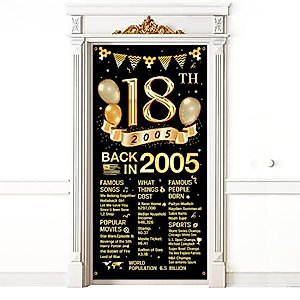 18th Birthday Door Cover Banner Decorations, Black Gold Happy 18th Birthday Door Cover Party Supplies, Large Eighteen Year Old Birthday Poster Backdrop Sign Decor