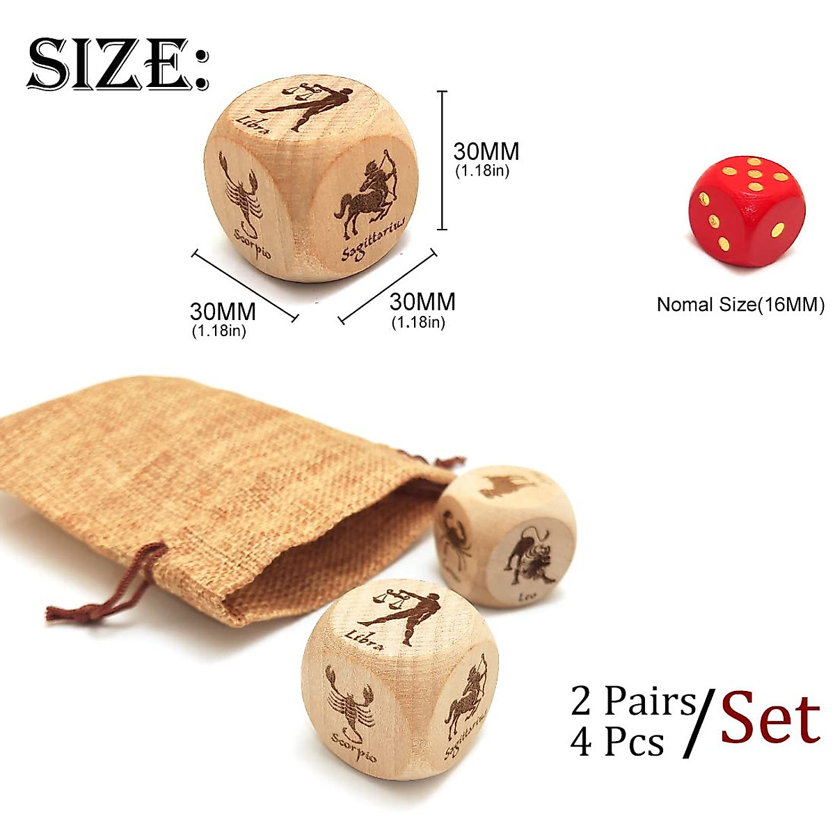 Hometu Creative 30MM Wooden Constellation Dice Set, Laser Engraved 6-Sided Wood Big Zodiac Dices for Constellation Divination Accessory (2Pcs/Set(1Pair), V1)