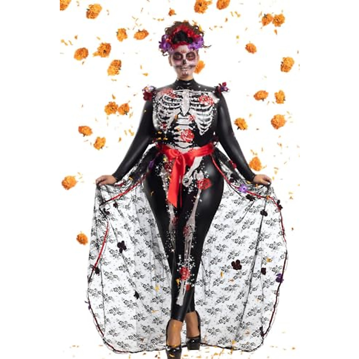 Party King Women's Plus Size Rosas Day of The Dead Costume, Black, 1X
