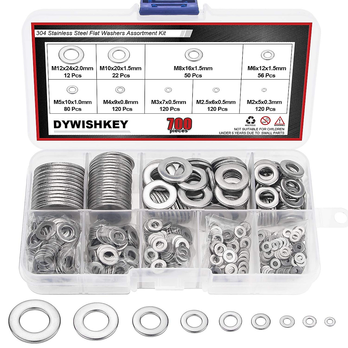 DYWISHKEY 700 Pieces 9 Sizes Stainless Steel Flat Washers Assortment Kit (M2 M2.5 M3 M4 M5 M6 M8 M10 M12)