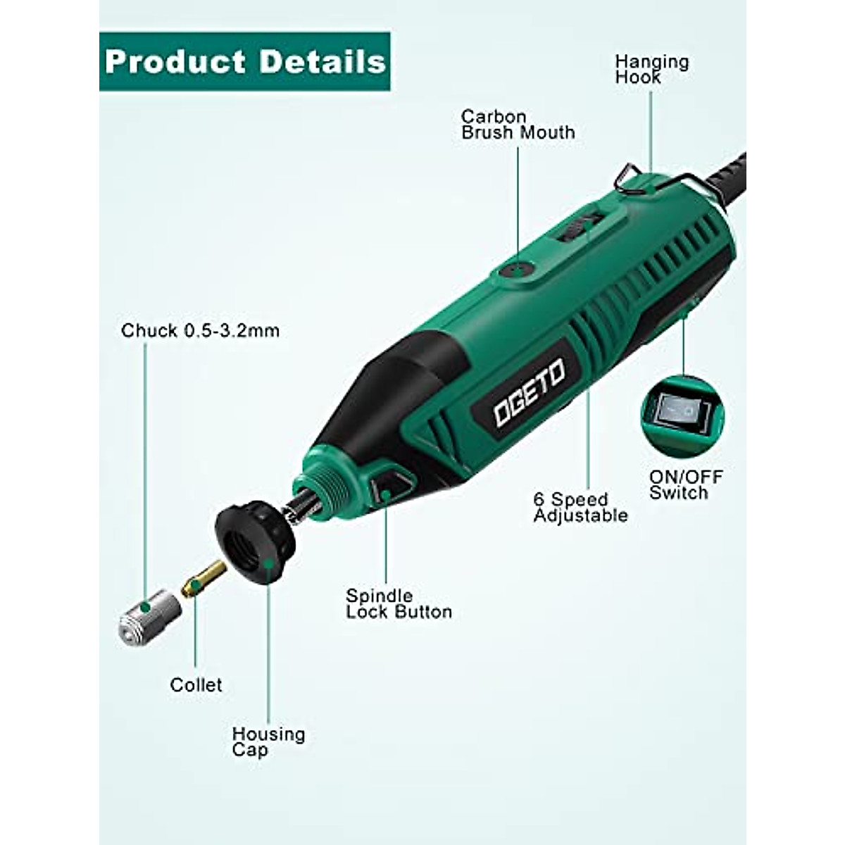 Ogeto Corded Power Rotary Tools with 6 Variable Speeds, 131 Accessories, Powerful Engraver, Polisher, and Sander, 5000-35000RPM Electric Drill Set for Handmade Projects and DIY Creations