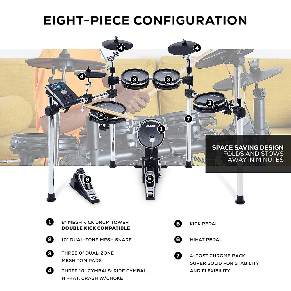Alesis Drums Command Mesh Kit - Electric Drum Set with USB MIDI Connectivity, 600+ Electronic & Acoustic Drum Kit Sounds and Dual Zone Mesh Pads