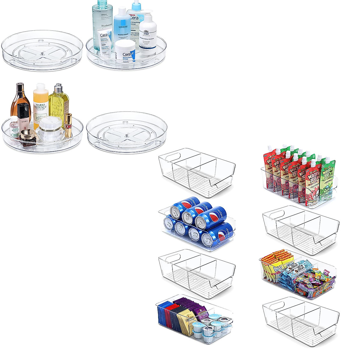 Set of 4, 9 Inch Clear Non-Skid Lazy Susan Organizers + Set of 8, Stackable Clear Bins with Removable Dividers - Pantry Food Snack Organization and Storage - Multi-Purpose Plastic Home Organizer