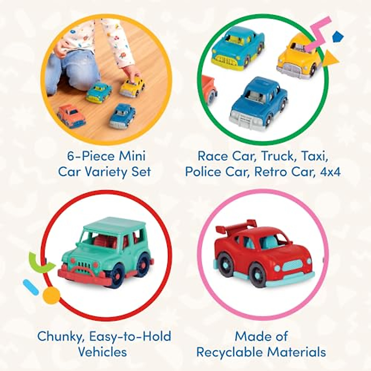 Battat- Wonder Wheels- Set of 6 Mini Toy Cars For Kids – Race Car, Truck, Taxi, Police Car, Retro Car, 4x4 – Pretend Play- Recyclable Materials - Mini Riders- 1 Year +