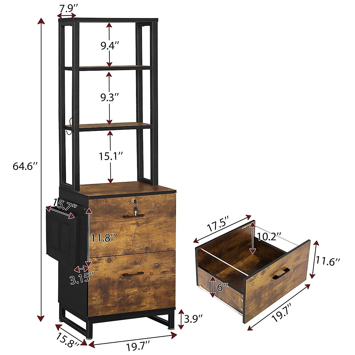 Itaar 2 Drawer File Cabinet with Lock, Filing Cabinet fits Letter, Legal, A4 Size, Hanging File Folders, File Cabinets for Home Office with Adjustable Storage Shelf and Hook, Rustic Brown