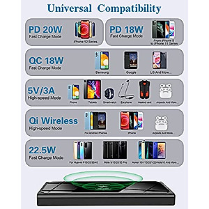 Wireless Portable Charger, 22.5W PD20W QC3.0 15W Fast Charging 10000mAh Power Bank LED Display, External Battery Pack, 2 Inputs and 4 Outputs(Qi & USB C) for iPhone Samsung Huawei iPad Headset etc