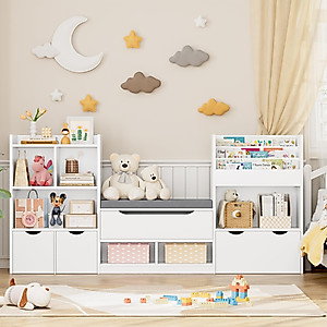 FOTOSOK 72” Kids Bookshelf with Reading Nook, Super Large Toy Storage Organizer with Seat Cushion and 3 Movable Drawers, Kids Reading Nook Toy Organizers and Storage with Bench for Living Room