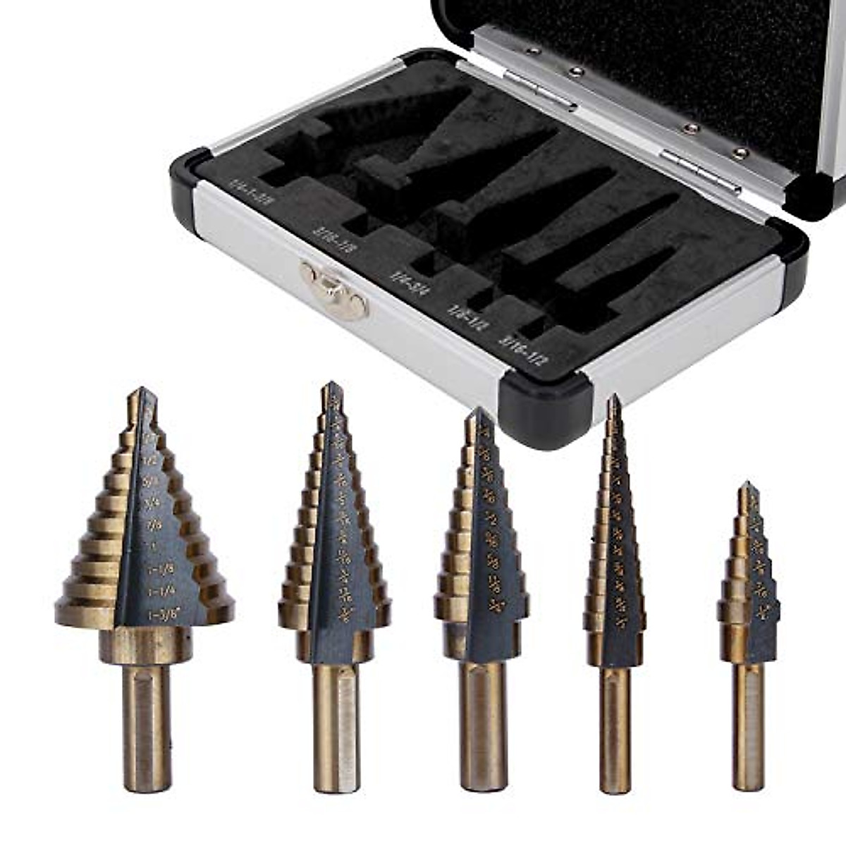 Step Drill Bit Set, 5 Pcs 50 Sizes Cobalt Step Drill Bits for Metal, Wood, Plastic Sheet, Stainless Steel Metric Step Drill Bit, Titanium Stepped Drill Bits