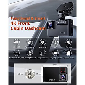 Kingslim D1 pro Dual Dash Cam 4K Record Inside - Front and Inside Dash Camera GPS WiFi for Cars Uber Truck, Dashcam with Infrared Night Vision, G-Sensor, Loop Recording(Upgraded Version)