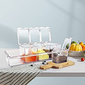 Xpr 4 Pieces Clear Seasoning Box - Cruet with Cover and Spoon,Seasoning Rack Spice Pots for Sugar, Salt, Pepper and Other Spices