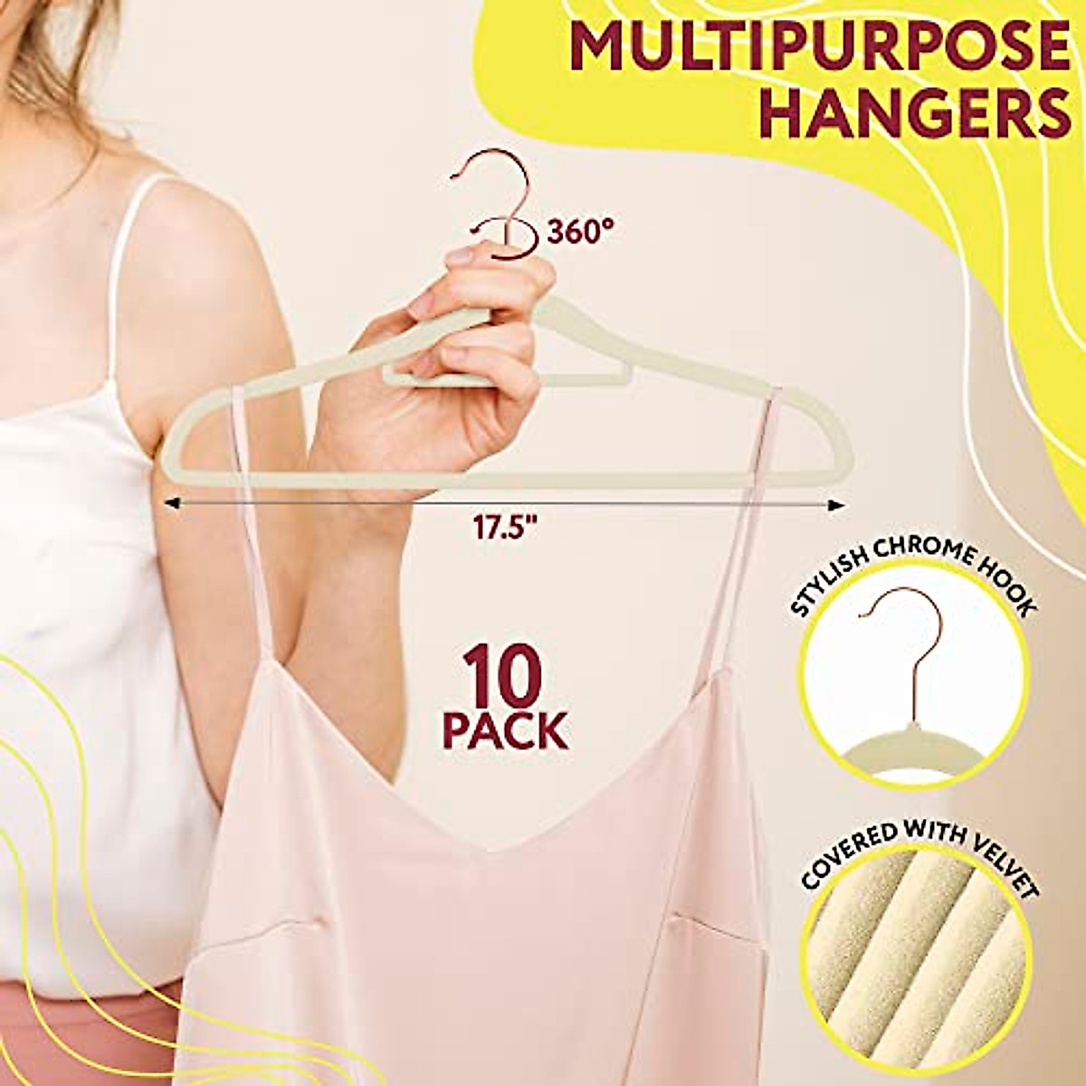 Amiff Beige Velvet Hangers 17.5". Pack of 10 Thin Hangers Non Slip Velvet for Any Clothing Style. Sturdy & Heavy-Duty Velvet Hanger 17.5 Inch Size. Portable Adult Velvet Clothes Hangers