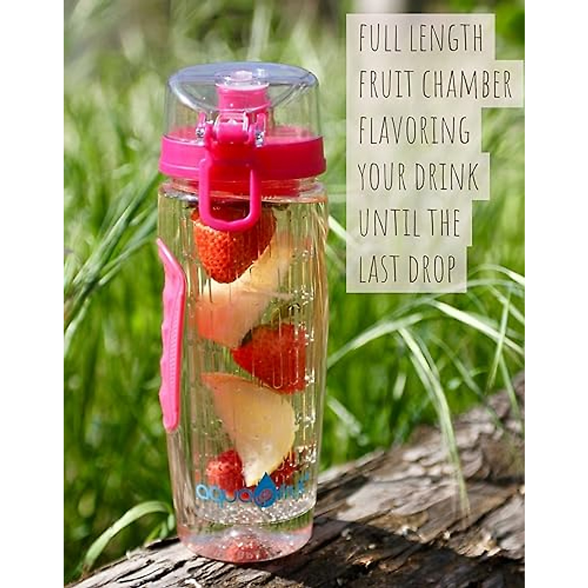 AquaFrut 32 OZ Fruit Infuser Water Bottle BPA-Free Fruit Infusion Sports Bottle - Flip Top Lid w Drinking Spout, Leak Proof, Made of Durable Tritan. Free Recipe eBook! (Rose)