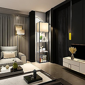 AVV Wide Floor Lamp with Shelves, 4-Tier Modern Shelf Floor Lamp 15W LED Bulb with 2700 4000K 5000K Color Selectable, Display Lamp for Living Room, Bedroom, and Office, Black