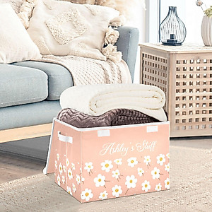 Sinestour Pink Flowers Custom Storage Bins with Lid Foldable Personalized Name Storage Basket Box with Handle Shelf Basket Closet Organizer for Clothes Office