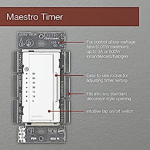 Lutron Maestro Countdown Timer Switch for Halogen and Incandescent Bulbs, 5-Amp Light/3-Amp Fan, Single-Pole or Multi-Location, MA-T51MN-WH, White