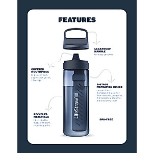 LifeStraw Go Series Water Filter Bottle - BPA-Free, Removes Bacteria, Parasites, Microplastics, Improves Taste, 22oz, Aegean Sea