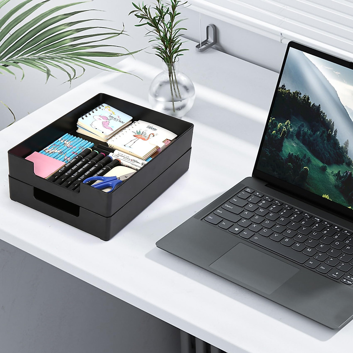 EsOfficce Letter-Size Tray, 2PCS Plastic Stackable A4 Paper Tray, Desk Drawer Organizer, Multi-use Large Storage Basket for Office Home Supplies,13 x 9.6 inch