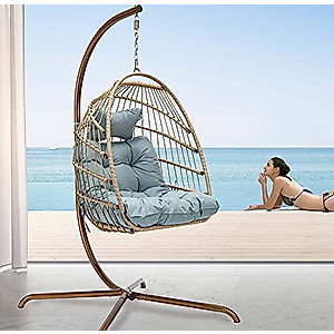 RADIATA Foldable Wicker Rattan Hanging Egg Chair with Stand, Swing Chair with Cushion and Pillow, Lounging Chair for Indoor Outdoor Bedroom Patio Garden (Blue with Stand)