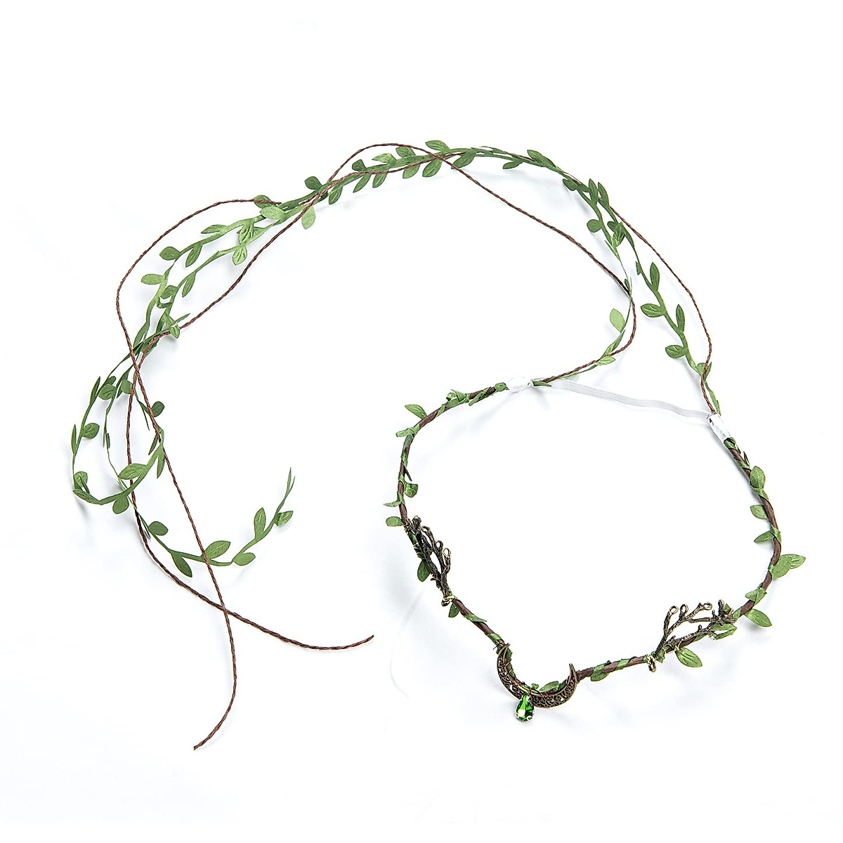 Merroyal Moon Head Chain Vintage Crystal Headpieces Hair Acessories with 2 Pairs Latex Elf Ear for Women (Green Leaf and Bronze Moon)