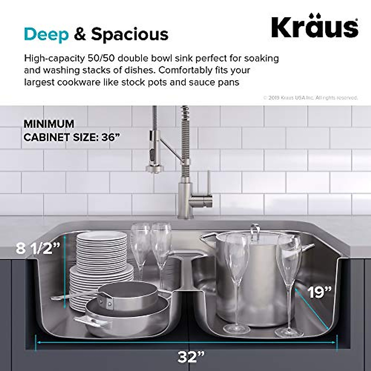 KRAUS KBU32 Premier 32-inch 16 Gauge Undermount 50/50 Double Bowl Kitchen Sink with Smart Low Divider