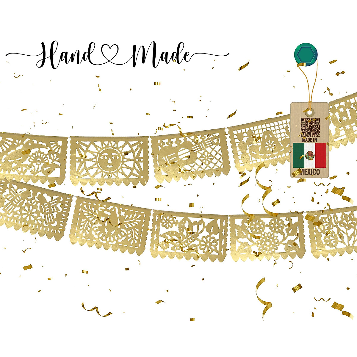 Gold Papel Picado Banner - Matte Gold Papel PicadoTissue Paper Banner for fiestas, weddings, bridal shower, engagement, baby shower, birthdays 2 pack/12ft long each)/ Not plastic