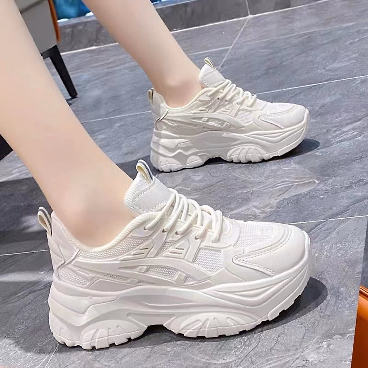 DevilAngel Women's White Platform Mesh Daddy Shoes, Solid Color Breathable Heightening Jogging Walking Sneakers (White-B,8.5)