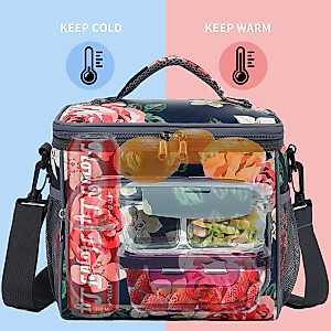 FlowFly Insulated Reusable Lunch Bag Adult Large Lunch Box for Women and Men with Adjustable Shoulder Strap,Front Zipper Pocket and Dual Large Mesh Side Pockets,Peony