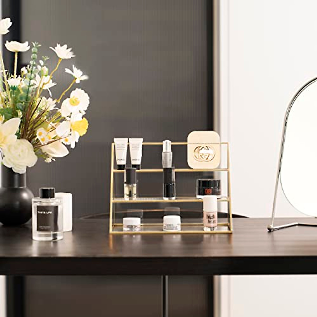 FSyueyun Gold Makeup Organizer Case Vanity, 3 Layers Glass Makeup Storage Cosmetics Organizer Jewelry Box Earring Ring Holder Display Case