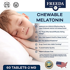 FREEDA Melatonin 2mg Sugar-Free Chewables – Natural Sleep Aid for Adults & Kids – Vegan, Kosher, Gluten-Free, Non-GMO, Easy Bedtime Support – 60 Tablets