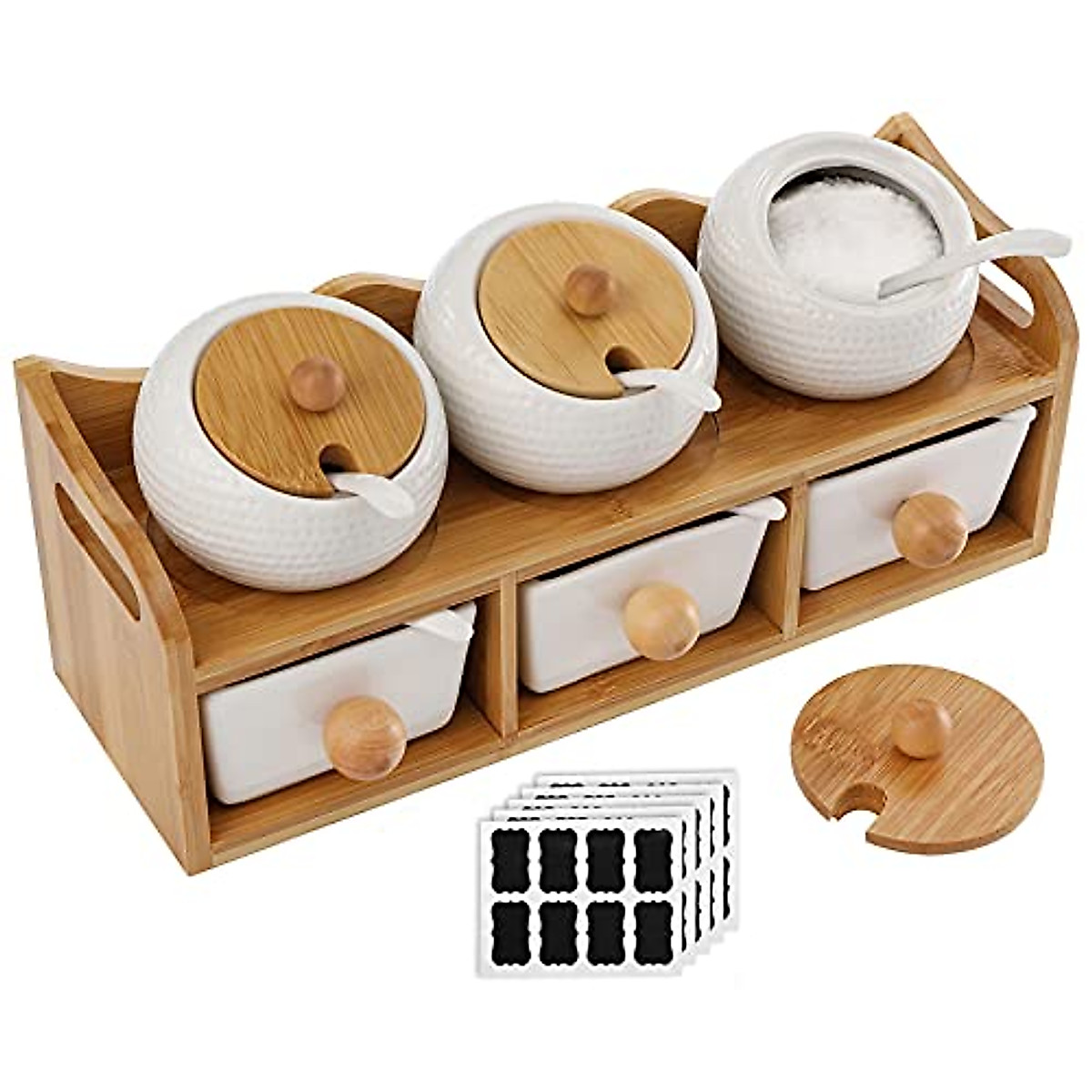Yesland 6 Pcs Porcelain Condiment Jar Spice Container with Lid - 5.8 Oz Sugar Bowl Set with Spoons and Tiered Bamboo Display Rack - Pottery Cruet Pot for Sugar Serving Salt Coffee Tea, Label Included