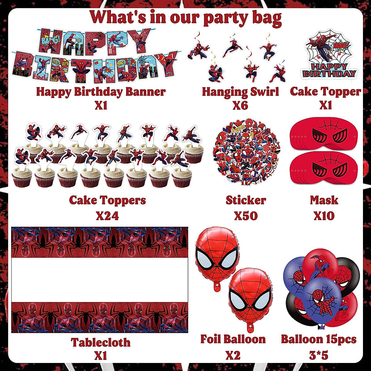 Spider Birthday Decorations, Spider Birthday Party Supplies Include Banner, Balloons, Spider Masks, Spider Stickers, Tablecloth and Backdrop for Girls Boys Birthday Party Decorations