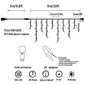 YASENN Icicle Lights 300 Led String Lights 29.5Ft Christmas Lights Connectable 8 Lighting Modes Multifunction with Timer Plug for Christmas Garden Patio Eave Roof Wall Decorations(Cool White)